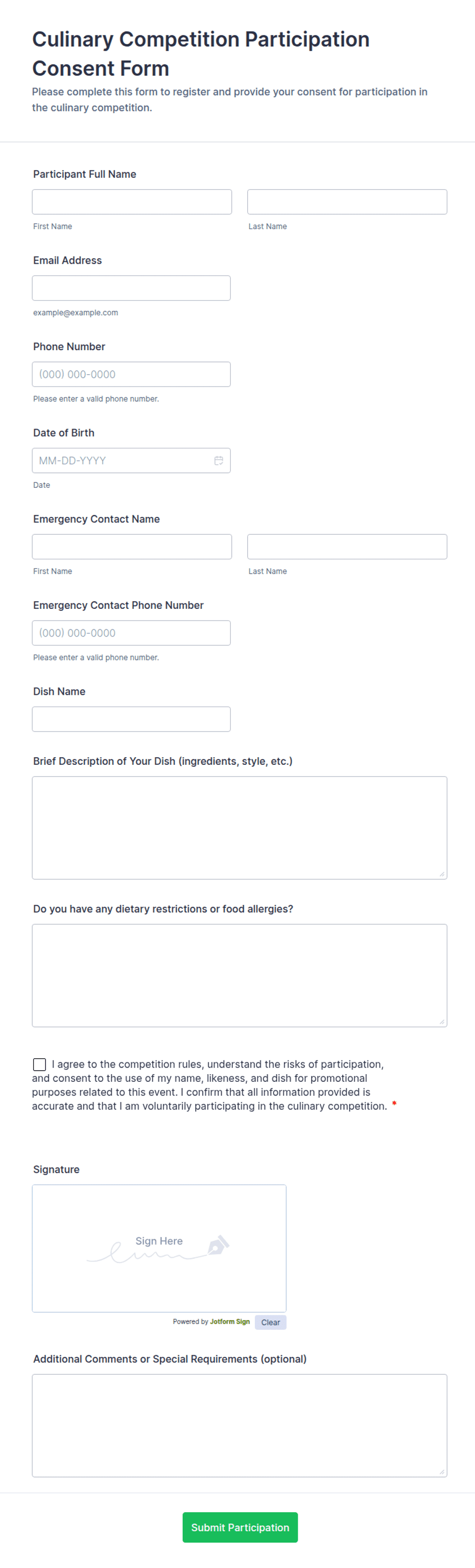 Culinary Competition Participation Consent Form Template | Jotform