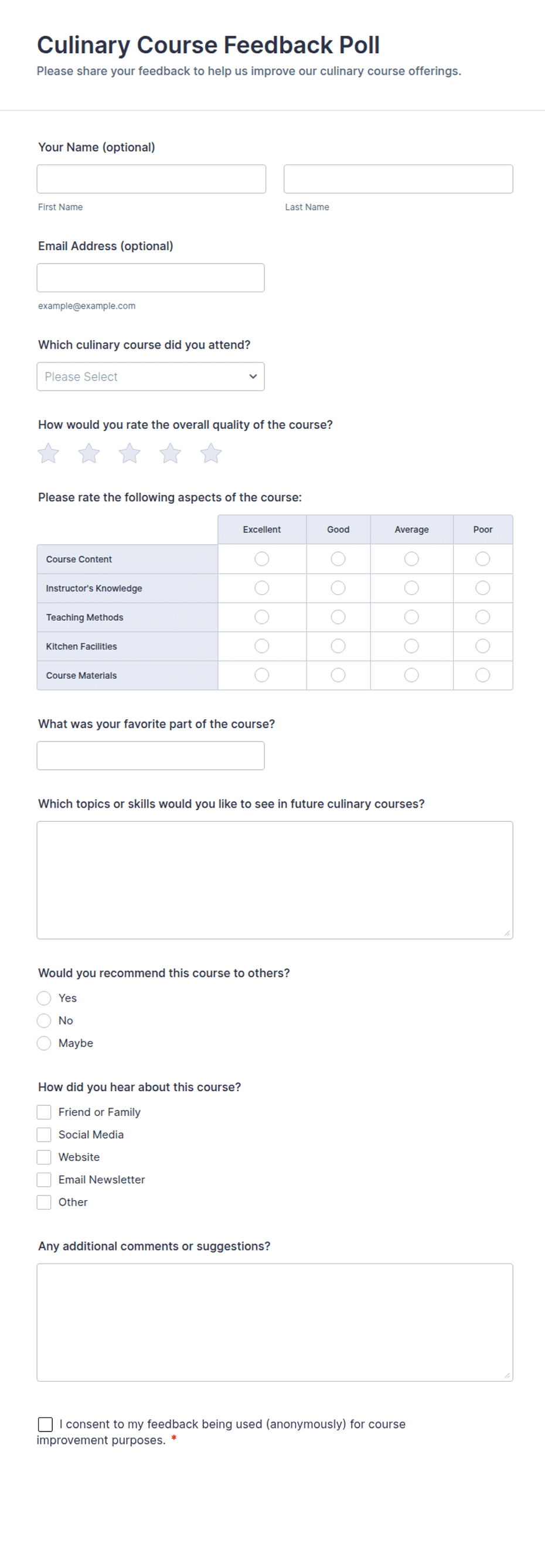 Culinary Course Feedback Poll Form Template | Jotform
