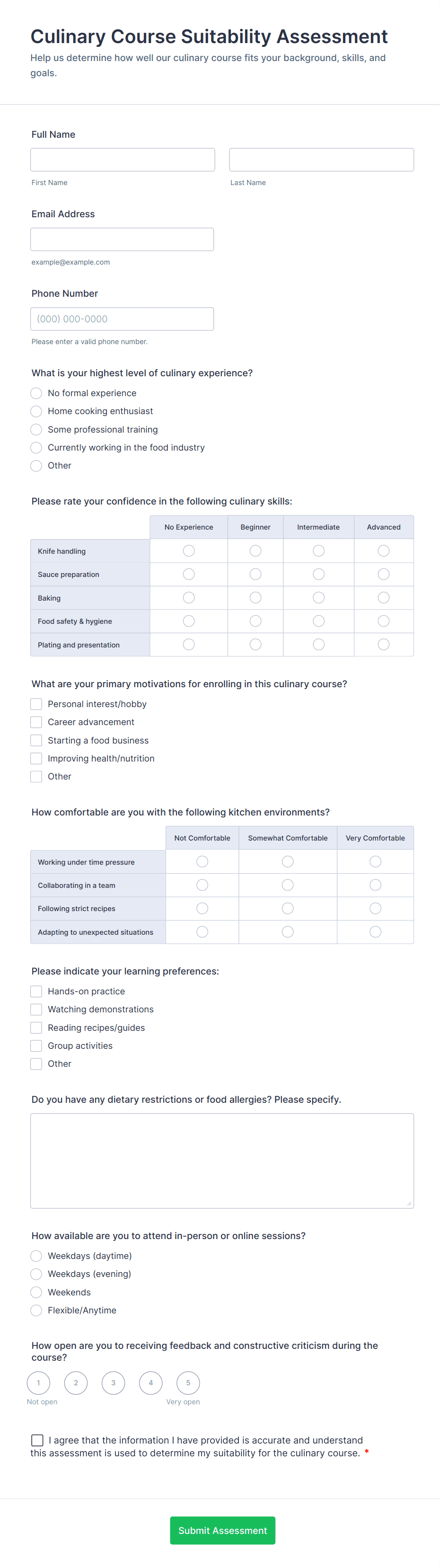 Culinary Course Suitability Assessment Form Template | Jotform