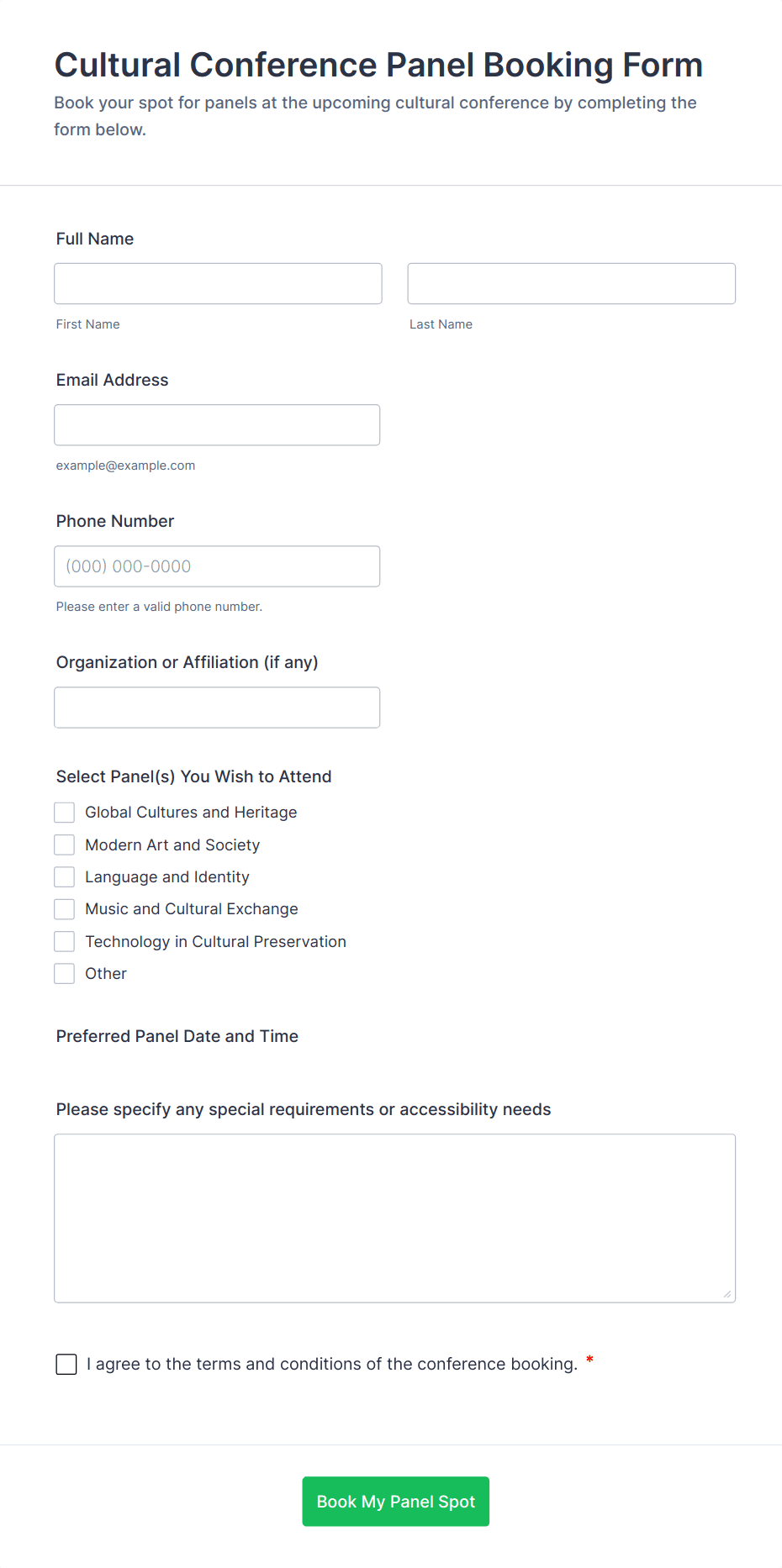 Cultural Conference Panel Booking Form Template | Jotform