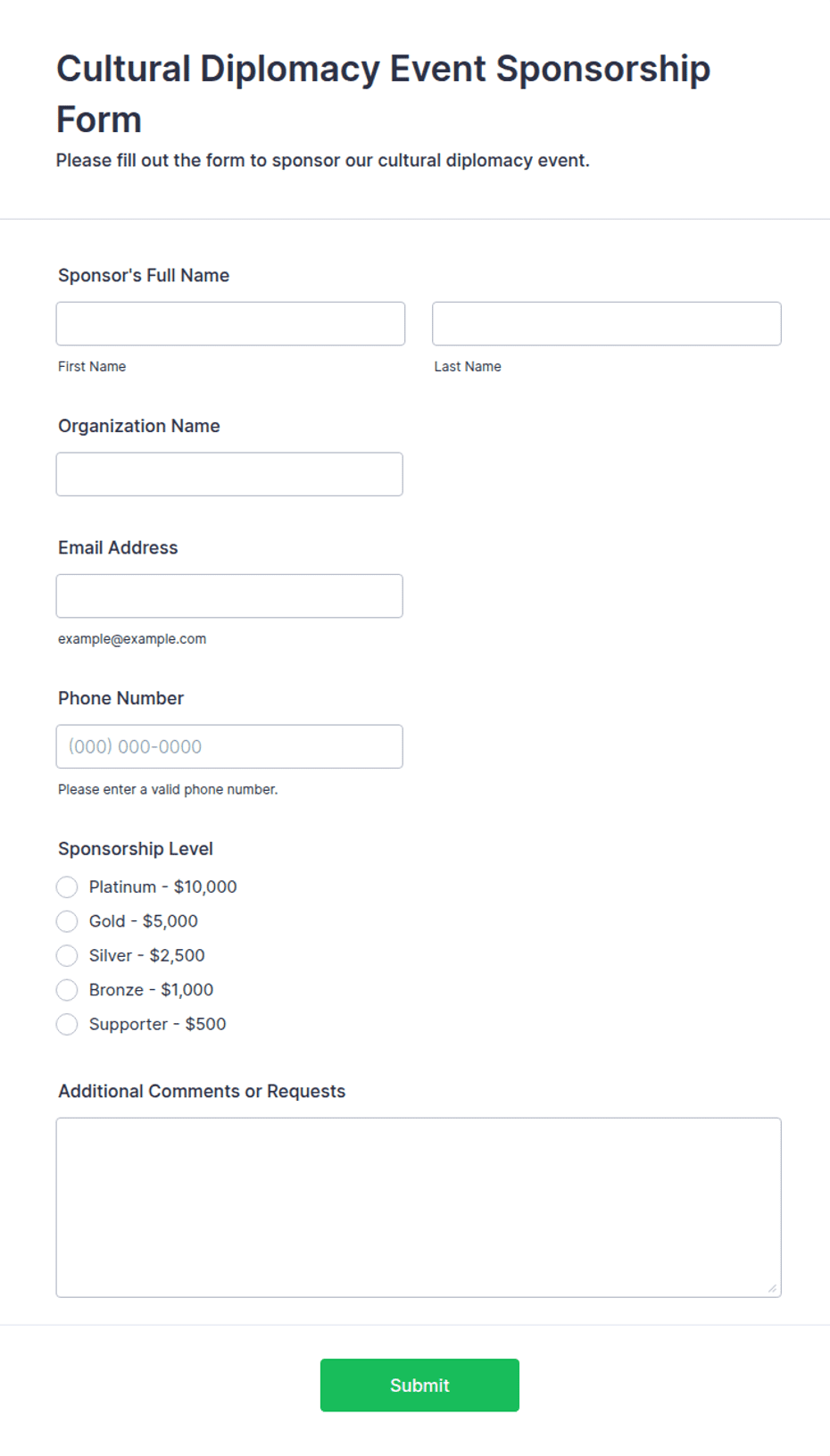 Cultural Diplomacy Event Sponsorship Form Template | Jotform