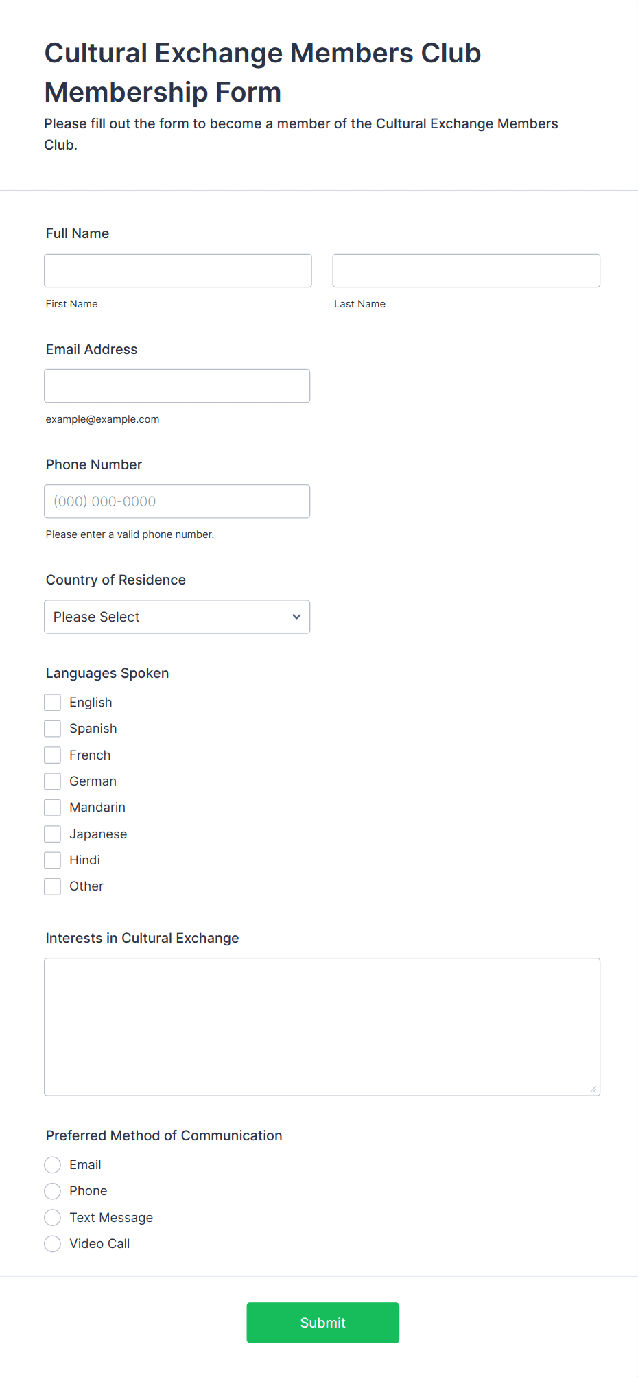 Cultural Exchange Members Club Membership Form Template | Jotform