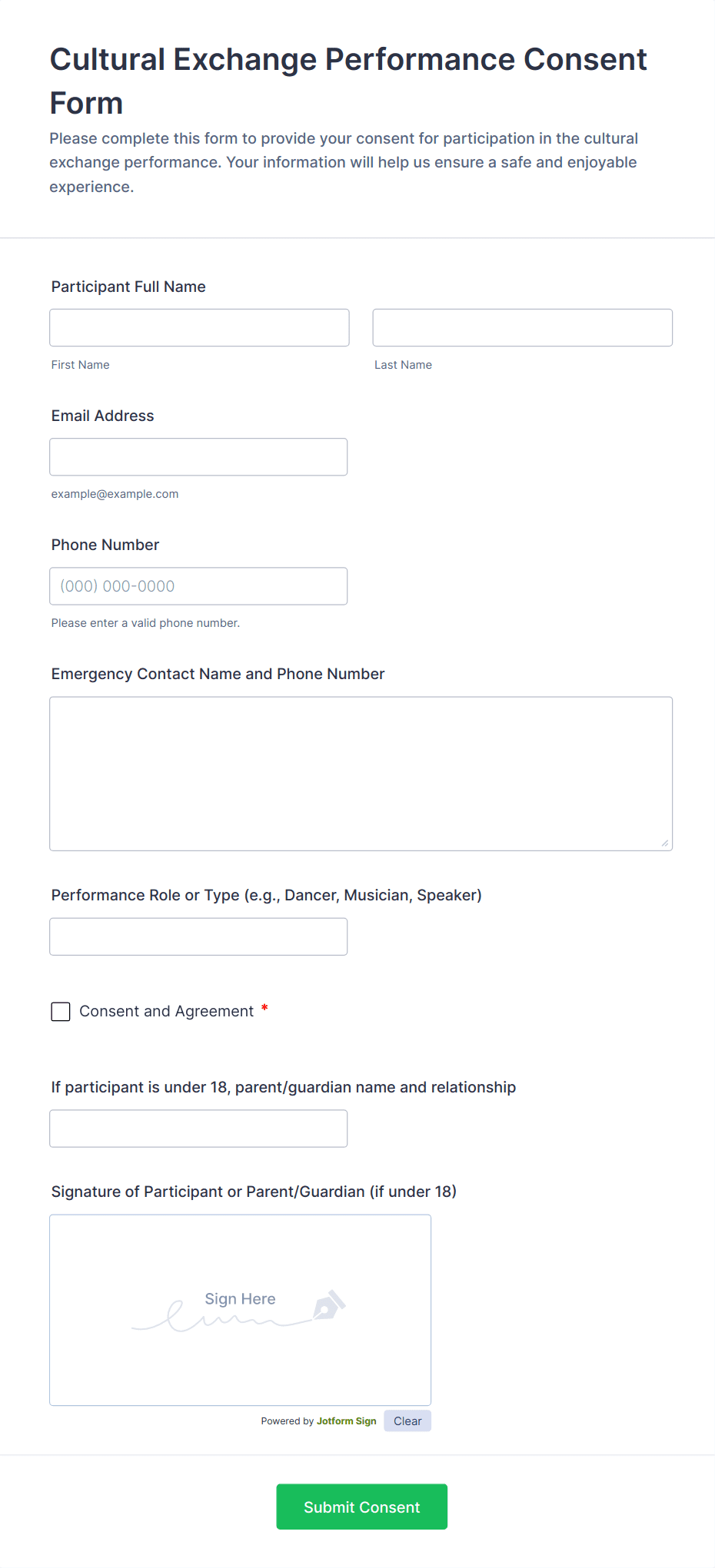 Cultural Exchange Performance Consent Form Template | Jotform