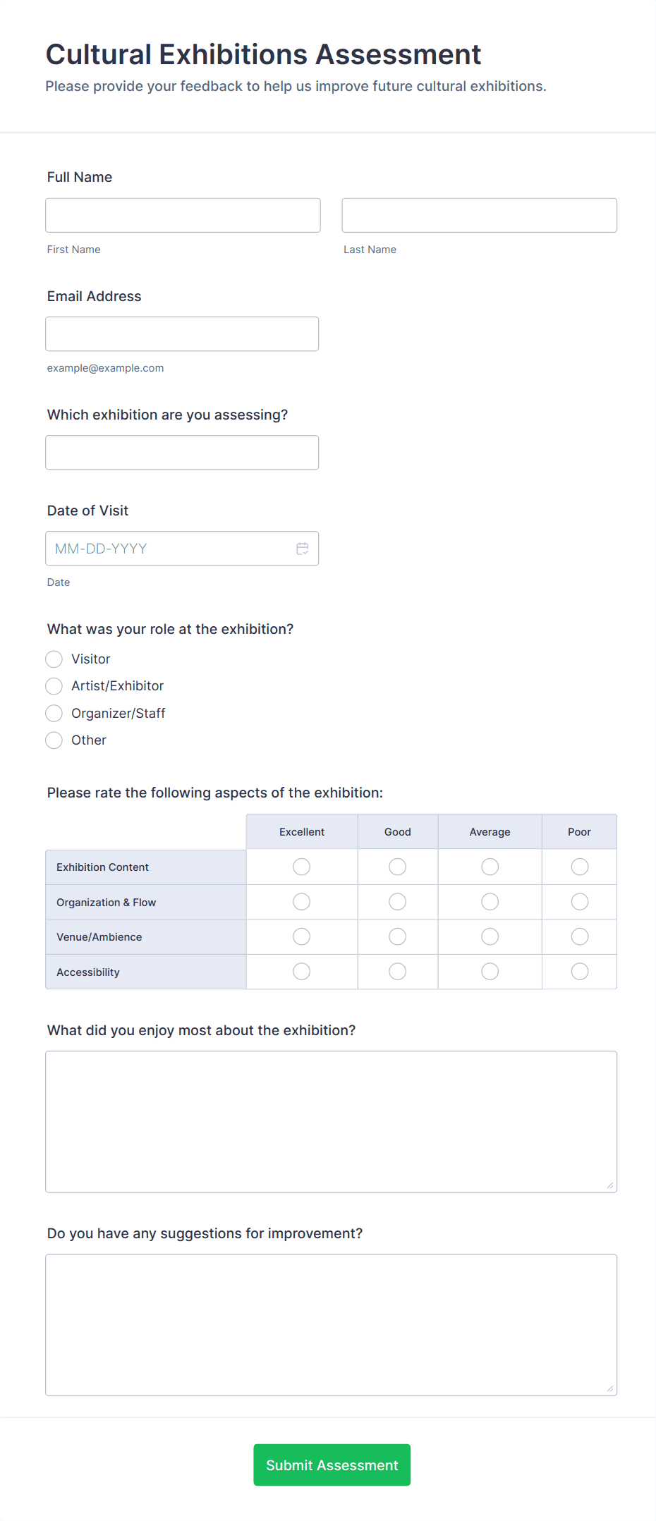 Cultural Exhibitions Assessment Form Template | Jotform