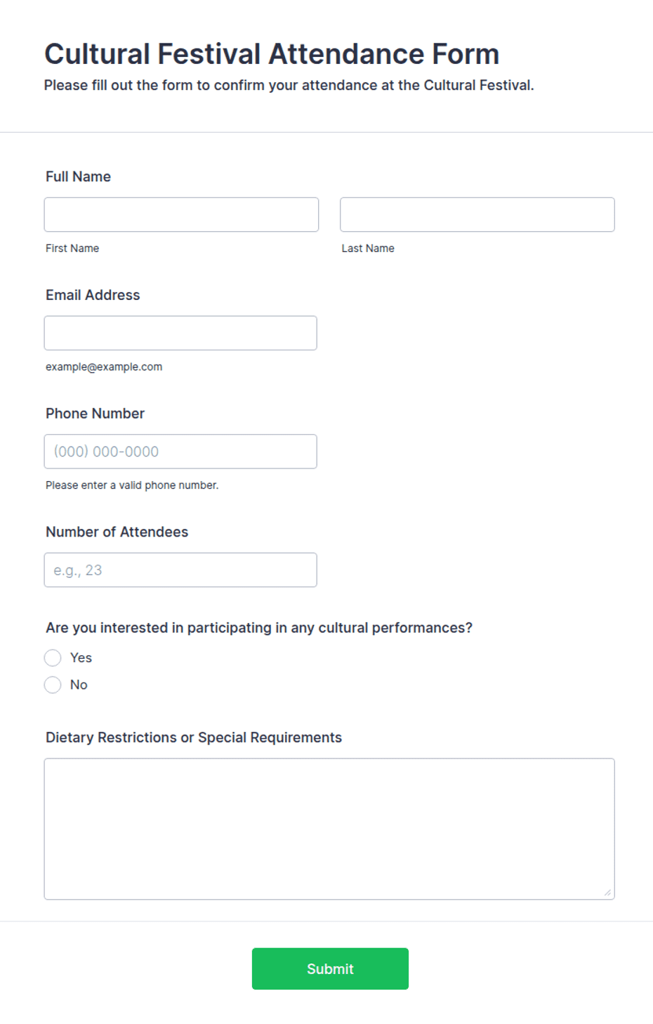 Cultural Festival Attendance Form Template | Jotform