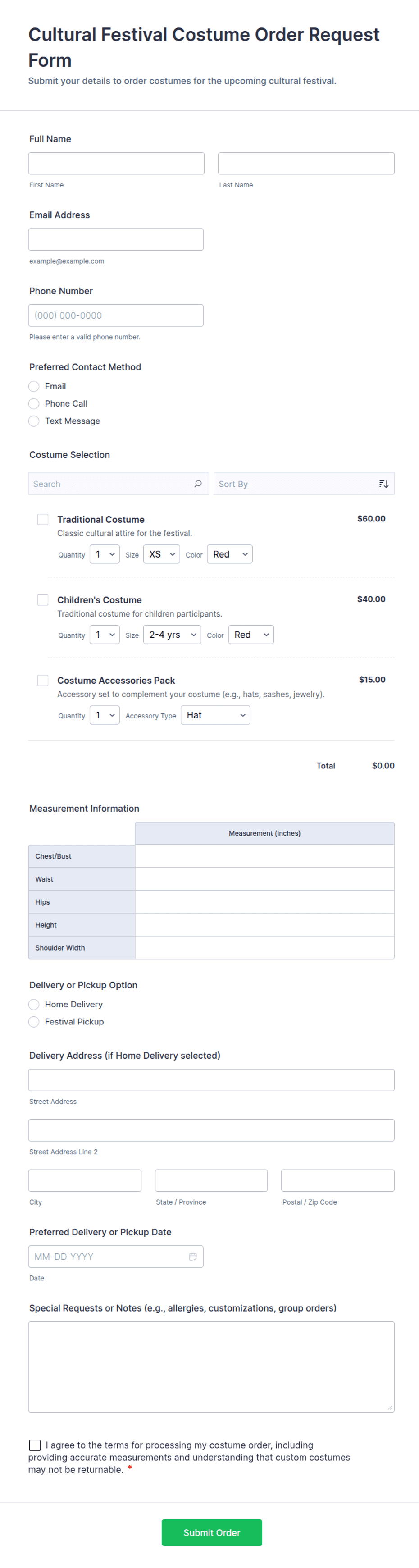 Cultural Festival Costume Order Request Form Template | Jotform