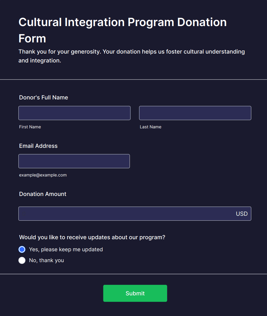 Cultural Integration Program Donation Form Template | Jotform