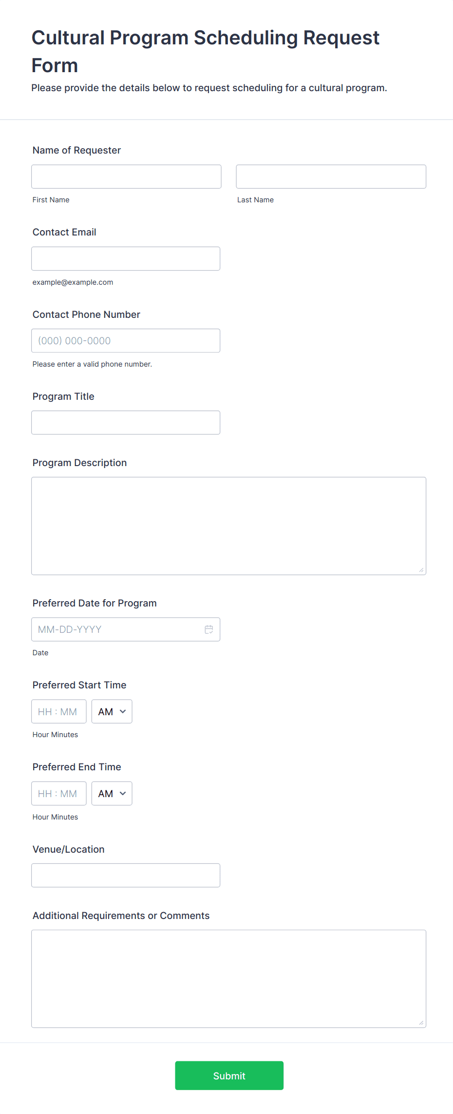 Cultural Program Scheduling Request Form Template | Jotform
