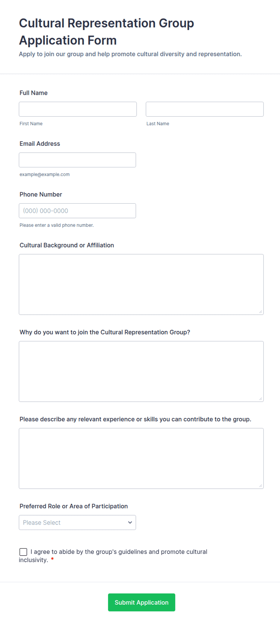 Cultural Representation Group Application Form Template | Jotform