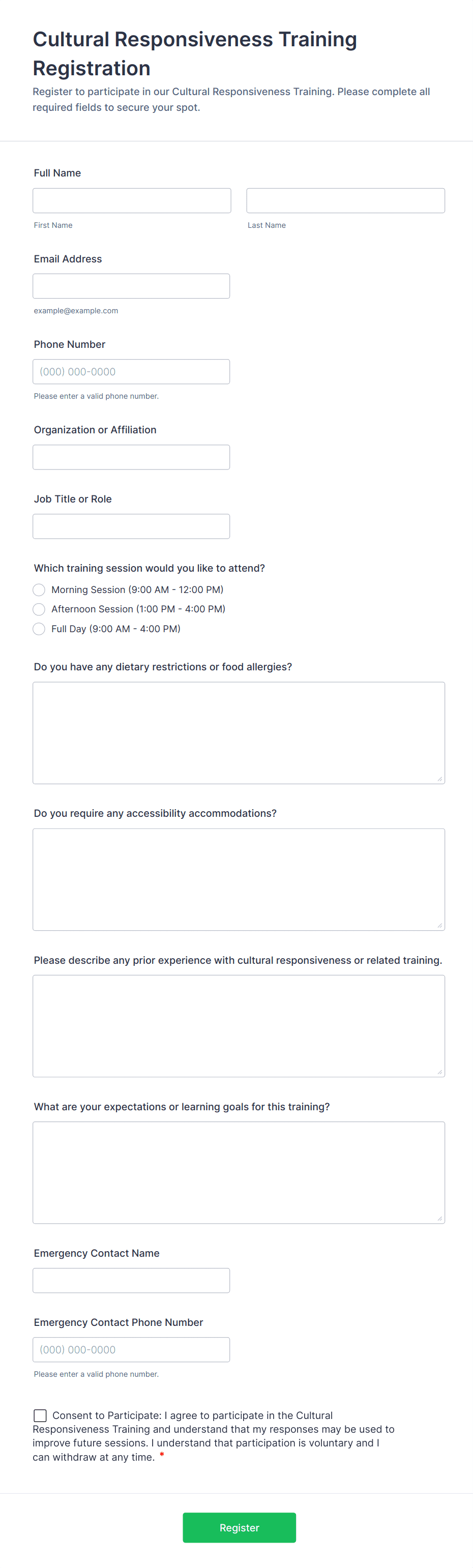 Cultural Responsiveness Training Registration Form Template | Jotform