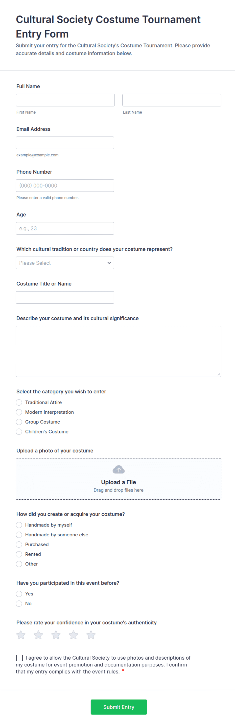 Cultural Society Costume Tournament Entry Form Template | Jotform