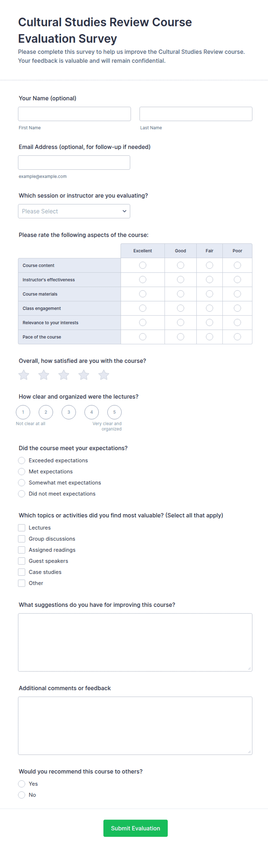 Cultural Studies Review Course Evaluation Survey Form Template | Jotform