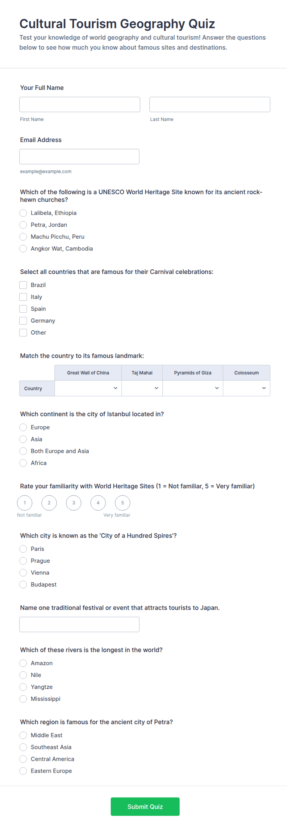 Cultural Tourism Geography Quiz Form Template | Jotform