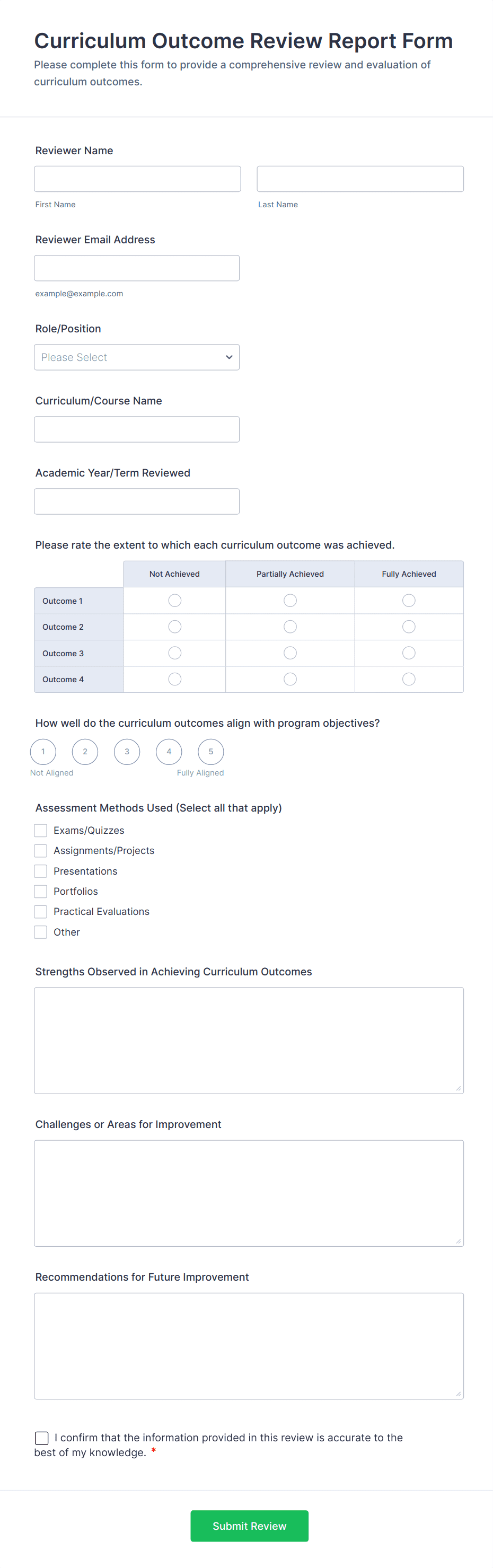 Curriculum Outcome Review Report Form | Jotform