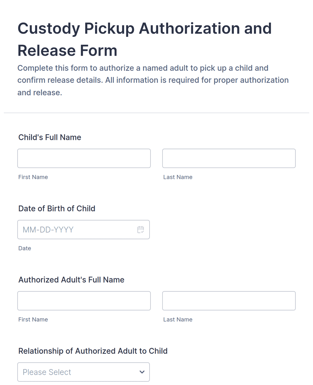 Custody Pickup Authorization and Release Form Template | Jotform