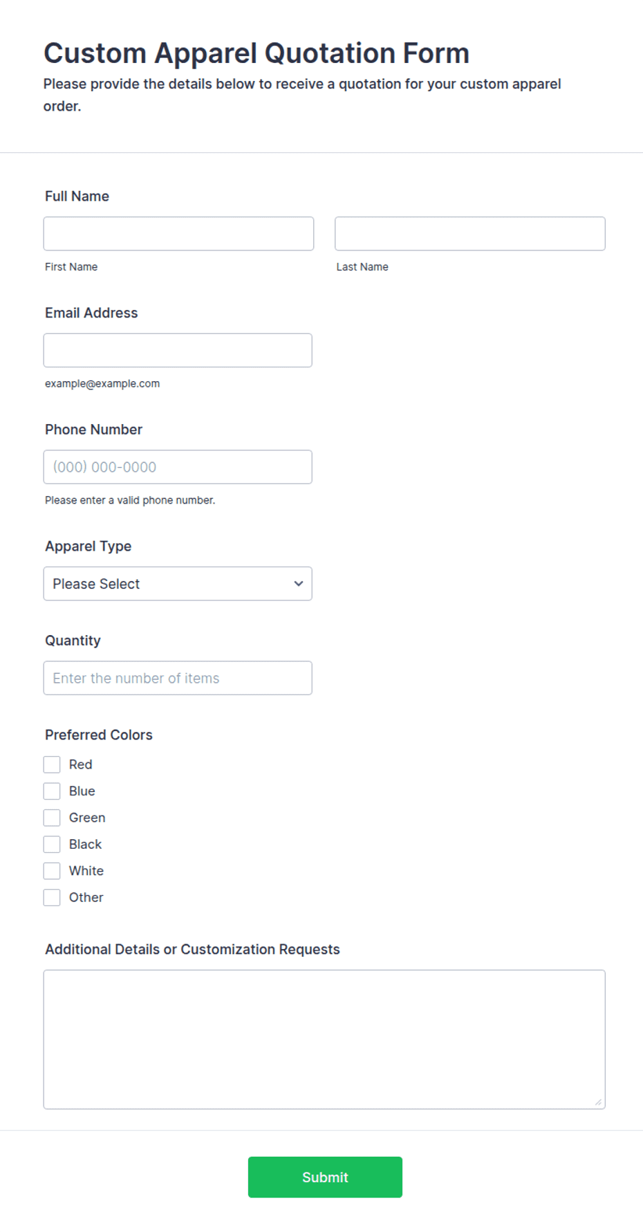 Custom Apparel Quotation Form Template | Jotform