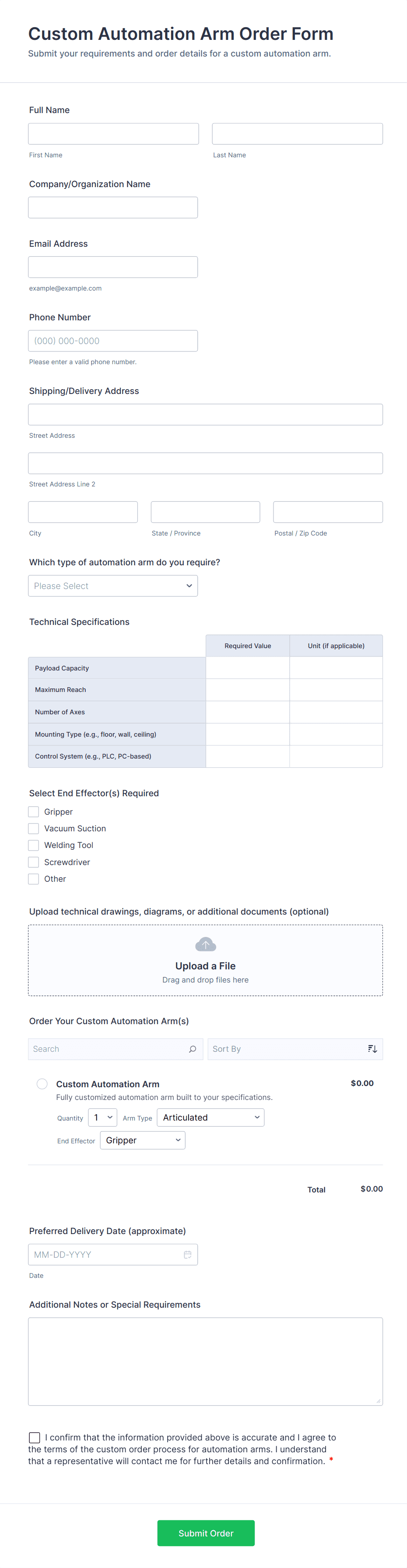 Custom Automation Arm Order Form Template | Jotform