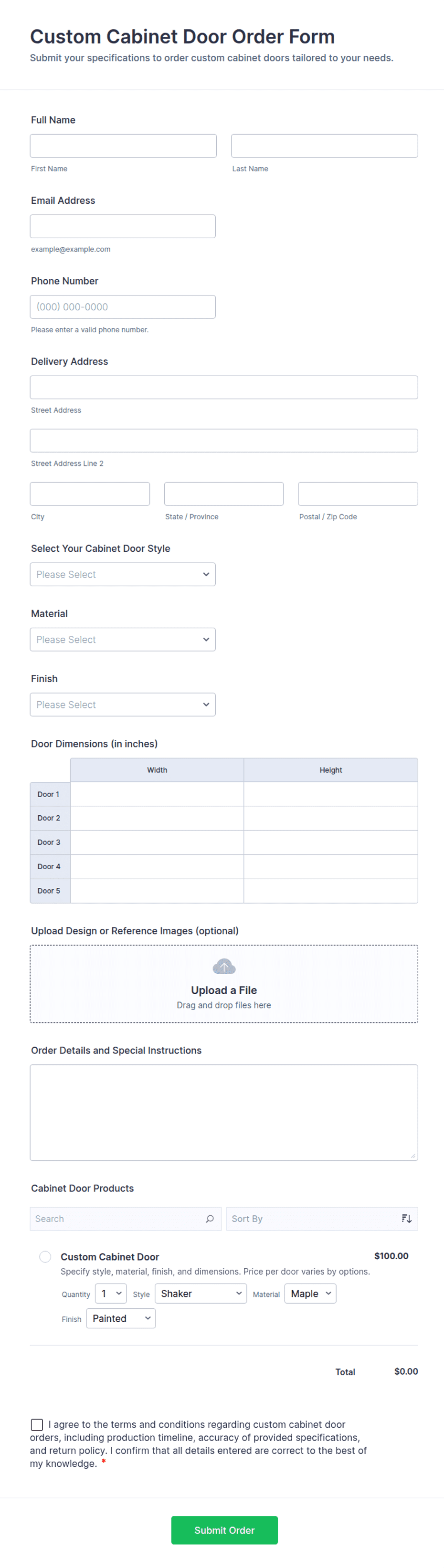 Custom Cabinet Door Order Form Template | Jotform