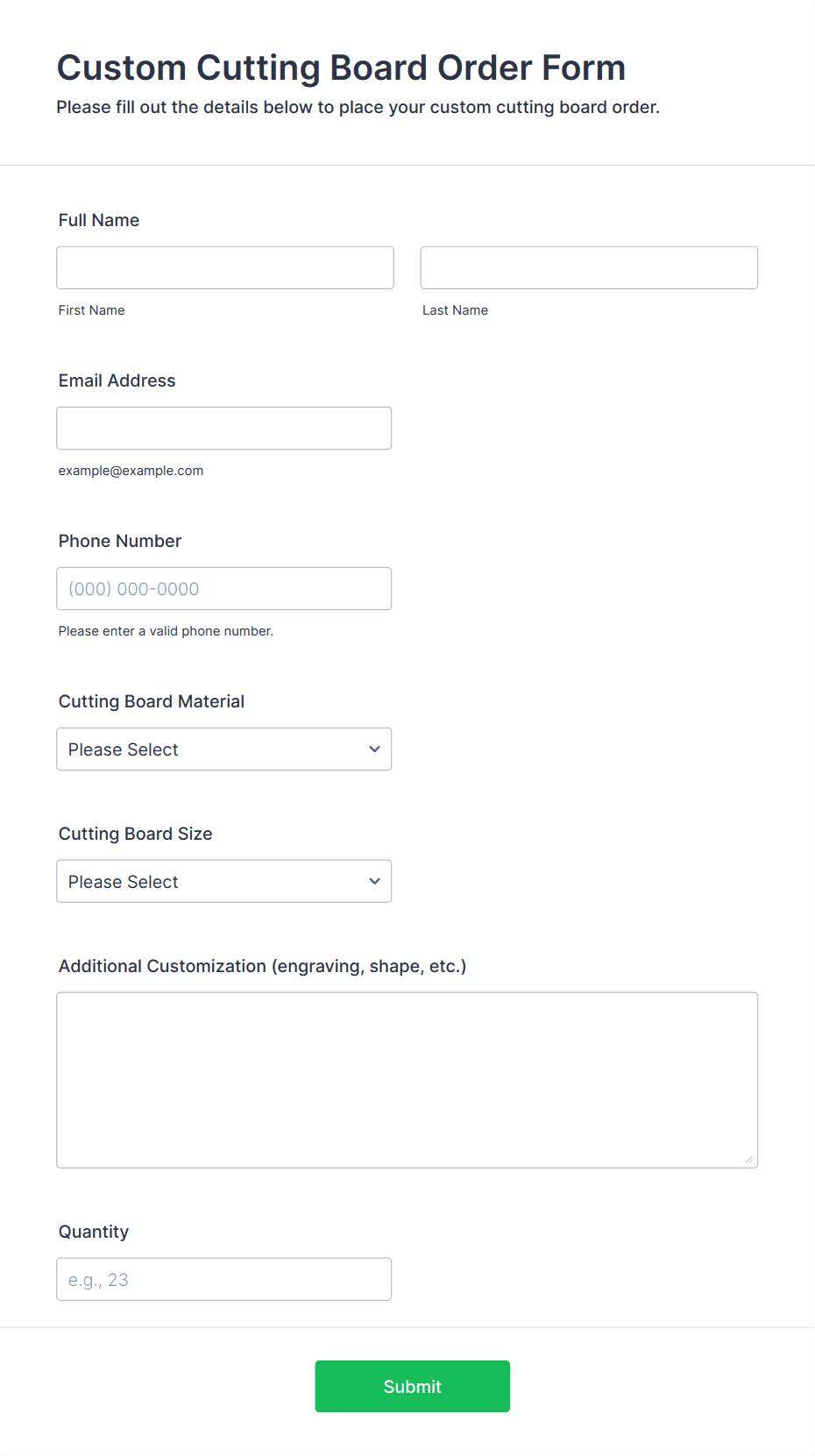 Custom Cutting Board Order Form Template | Jotform