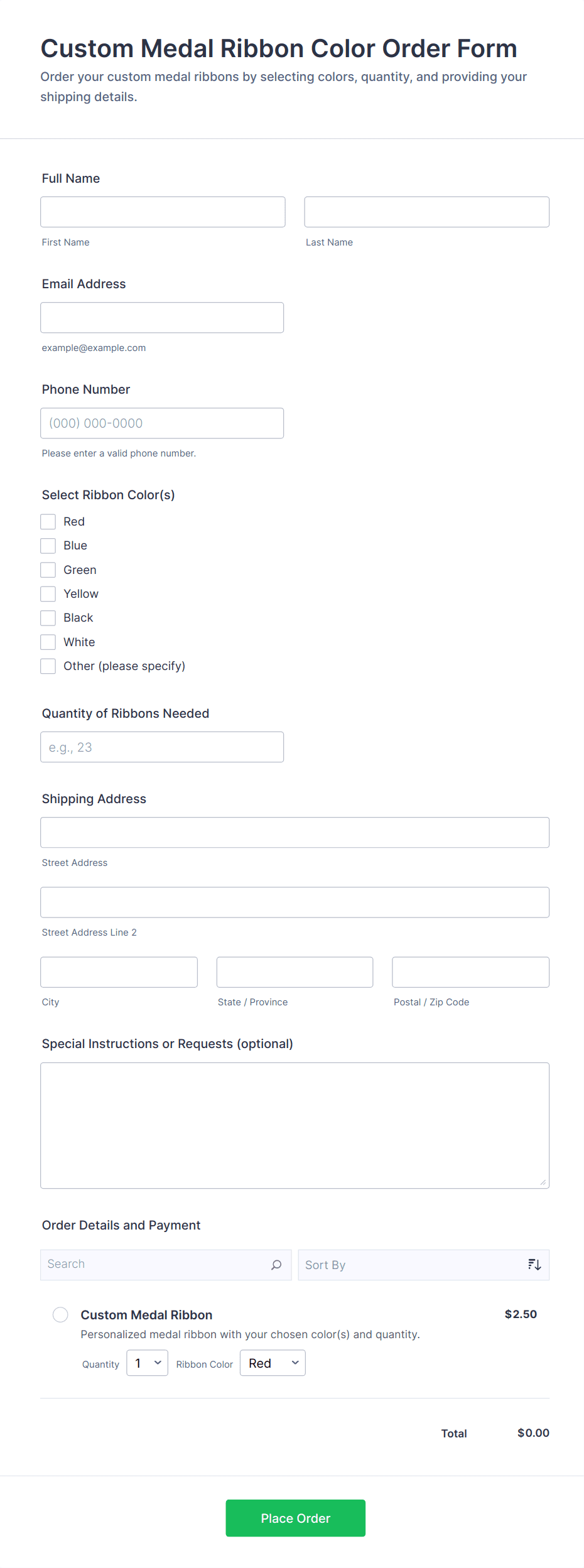 Custom Medal Ribbon Color Order Form Template | Jotform