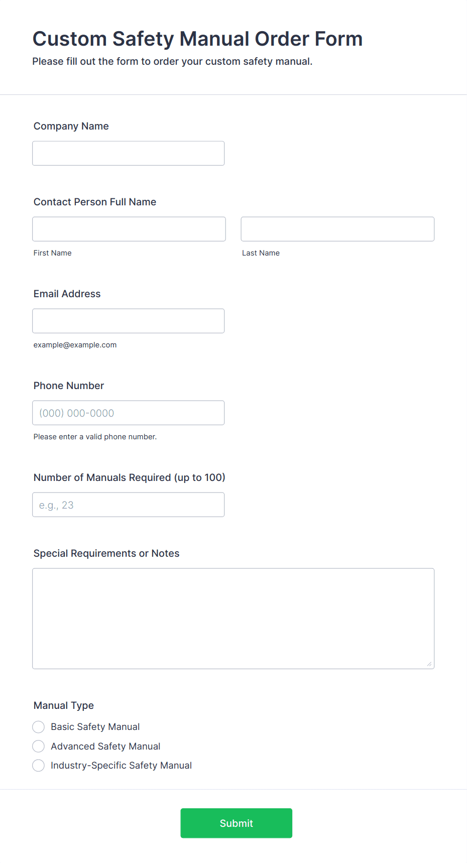 Custom Safety Manual Order Form Template | Jotform