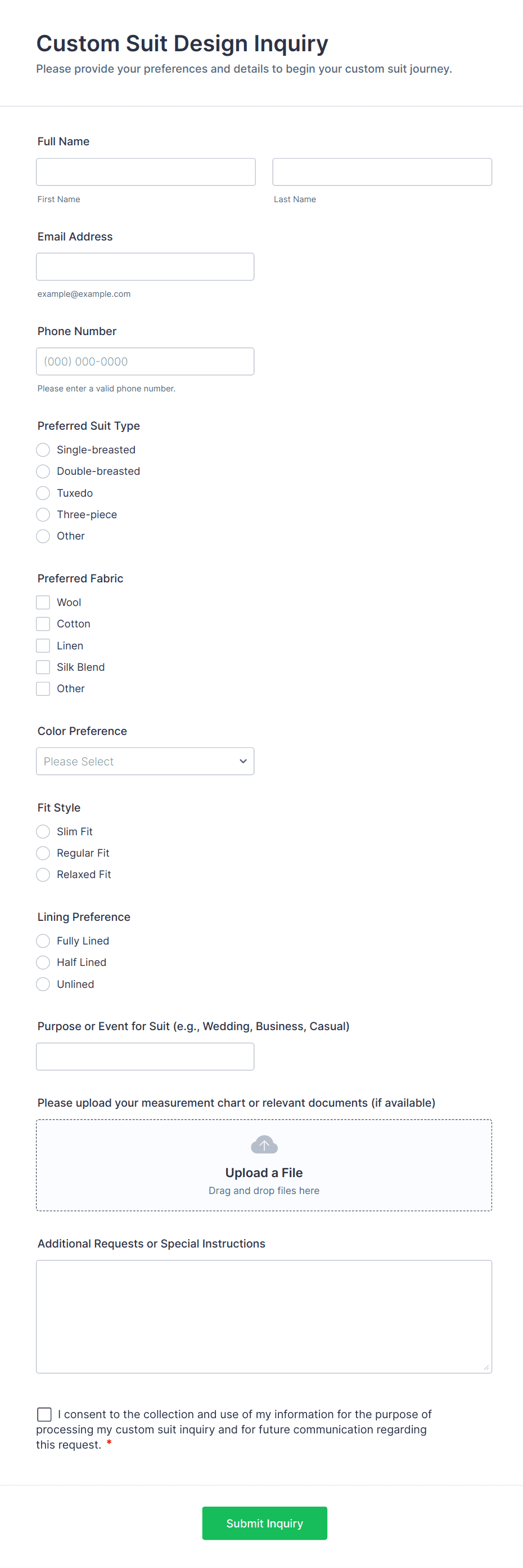 Custom Suit Design Inquiry Form Template | Jotform