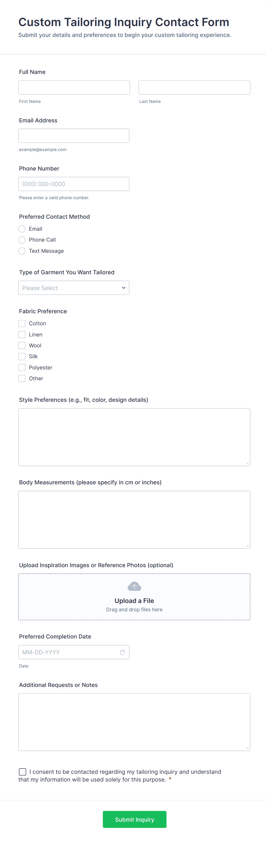 Custom Tailoring Inquiry Contact Form Form Template | Jotform