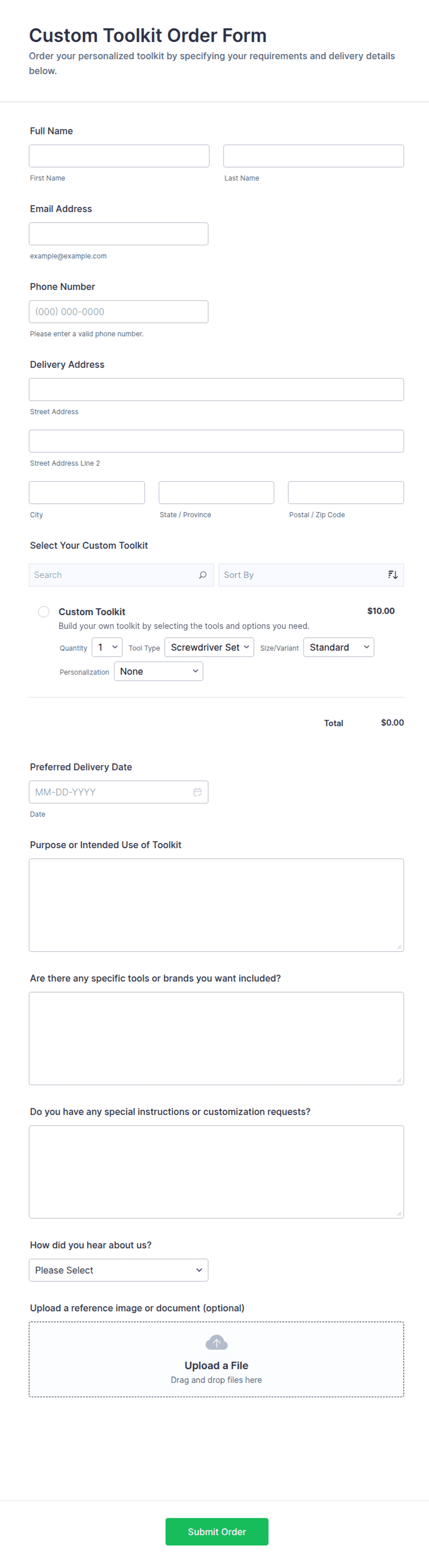 Custom Toolkit Order Form Template | Jotform