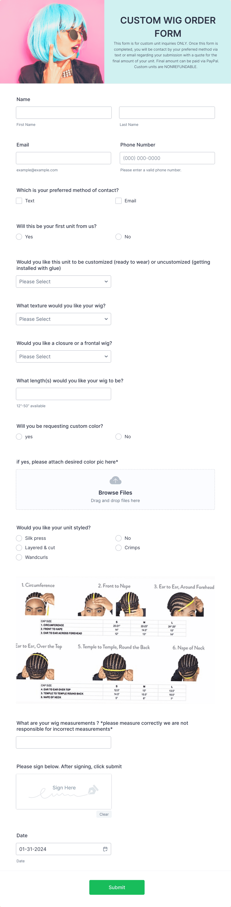 Custom Wig Order Form Template | Jotform