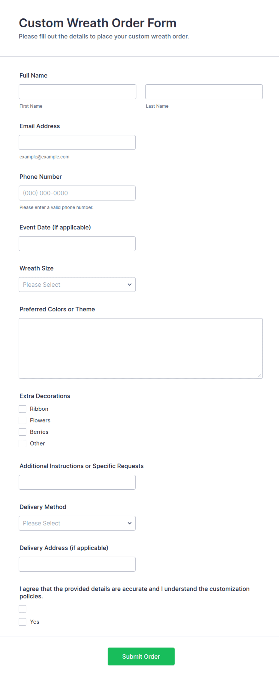 Custom Wreath Order Form Template | Jotform