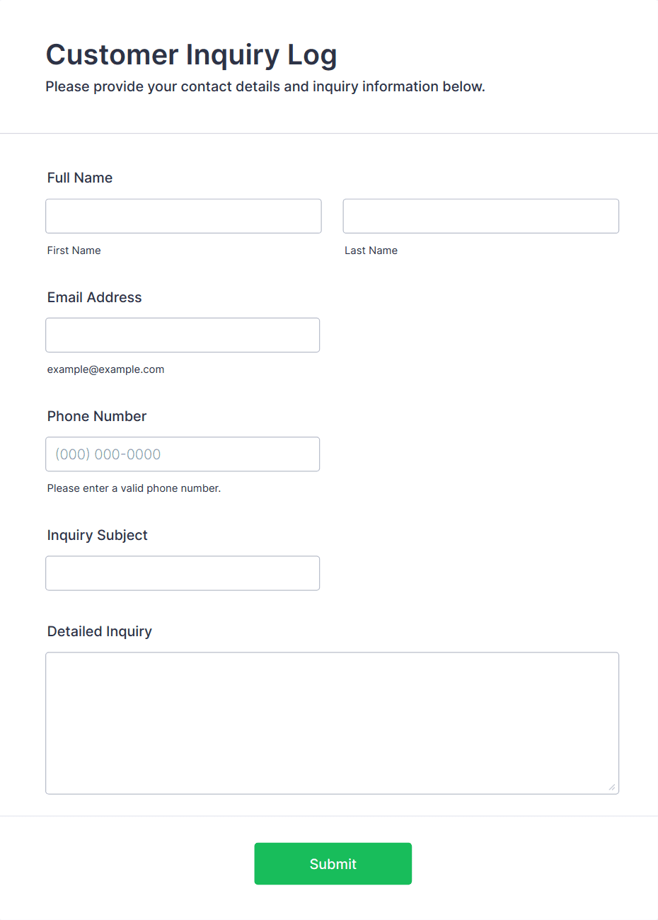 Customer Inquiry Log Form Template Jotform