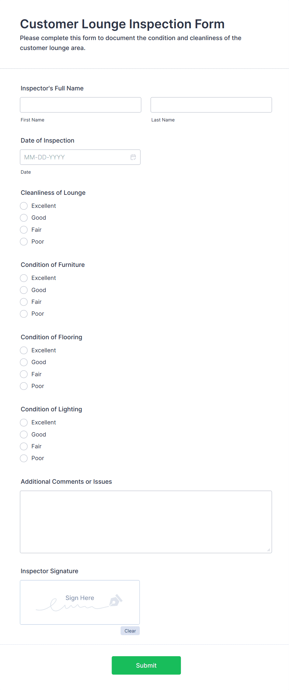 Customer Lounge Inspection Form Template | Jotform