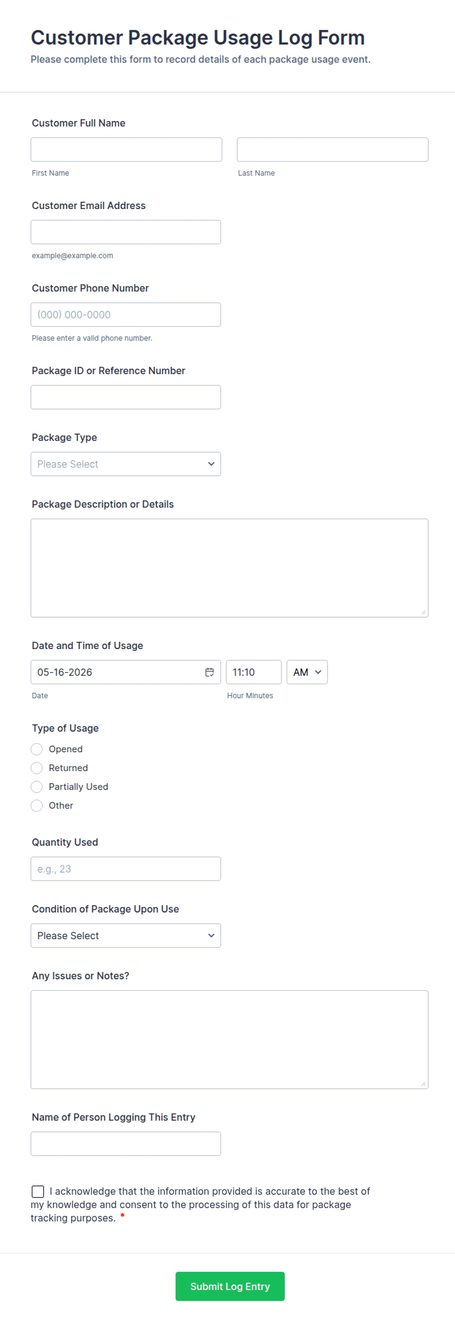 Customer Package Usage Log Form Template | Jotform