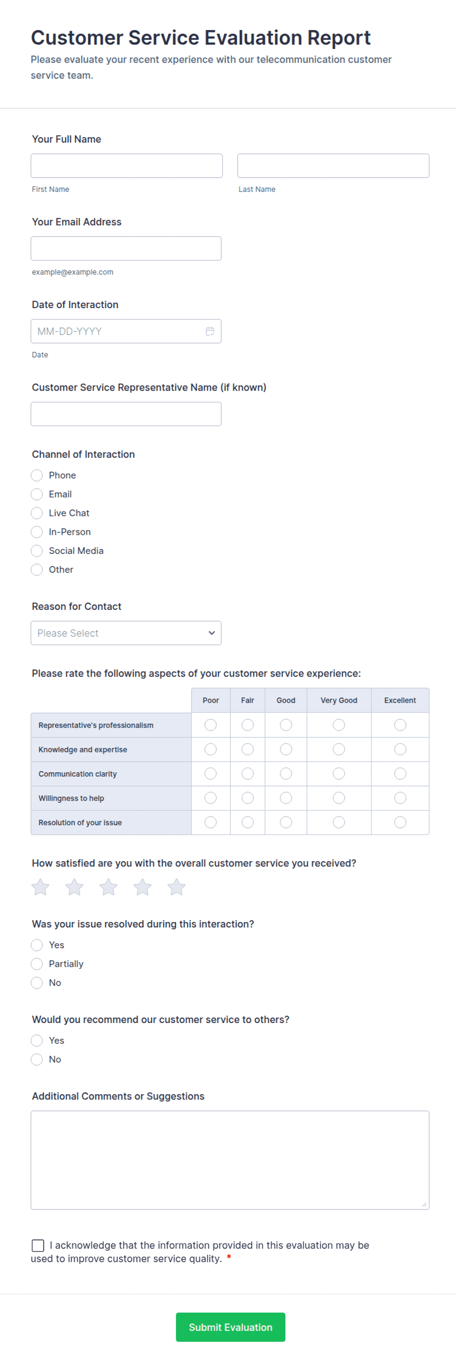 Customer Service Evaluation Report Form Template | Jotform