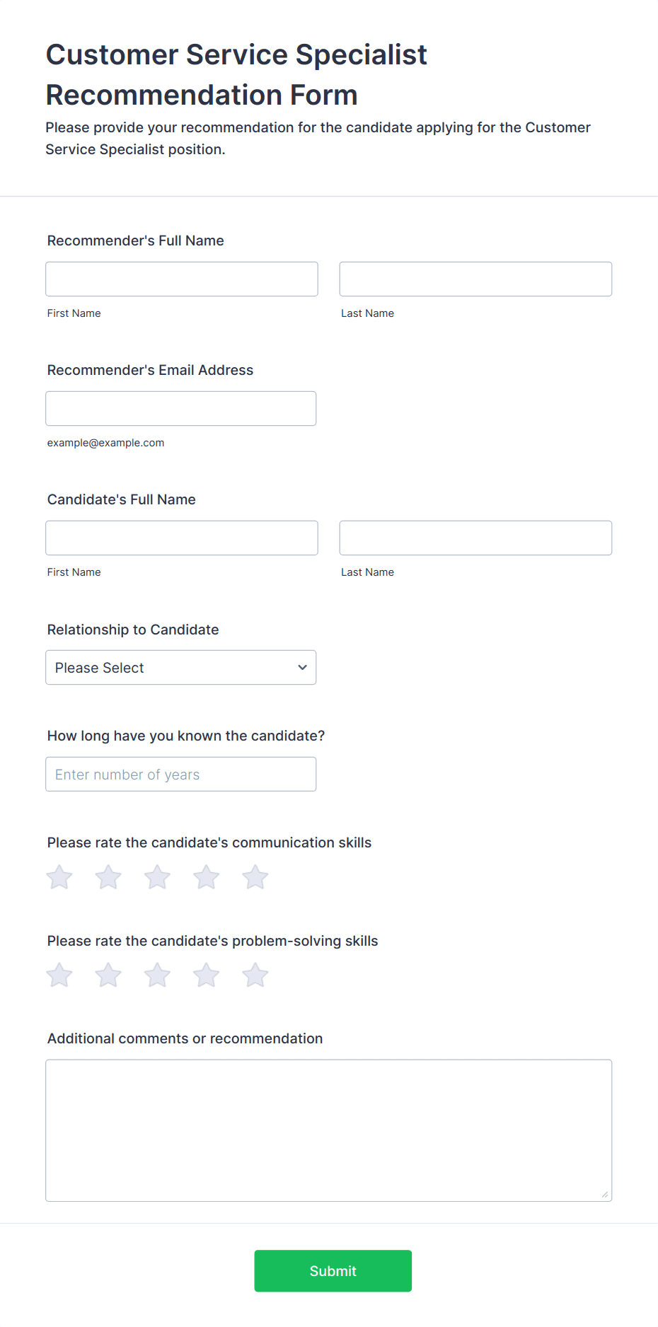 Customer Service Specialist Recommendation Form Template | Jotform