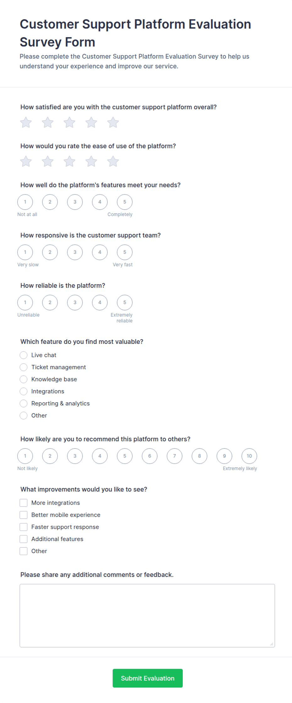 Customer Support Platform Evaluation Survey Form Template | Jotform