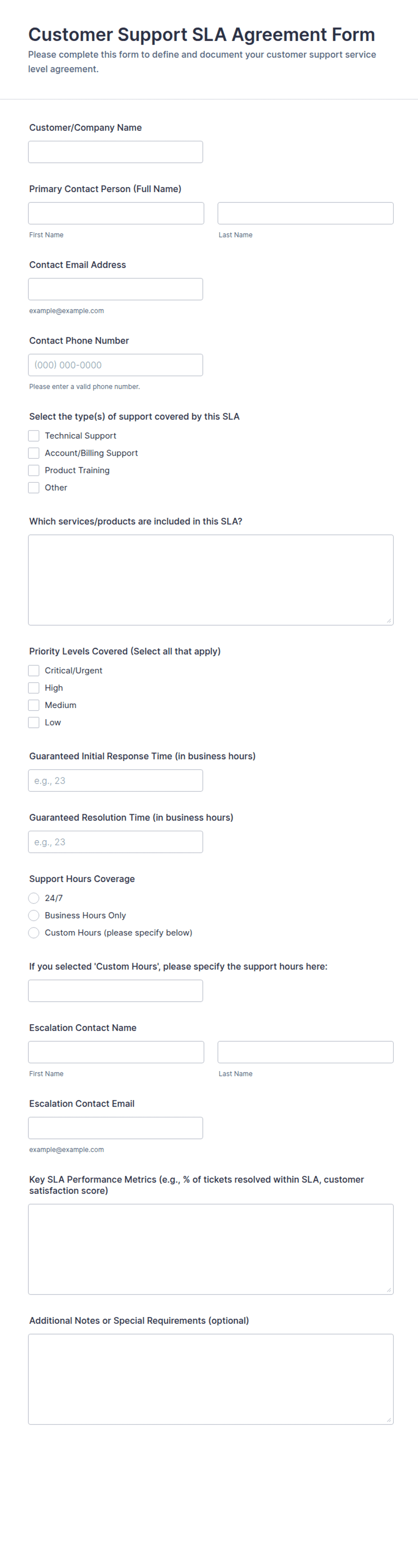 Customer Support SLA Agreement Form Template | Jotform