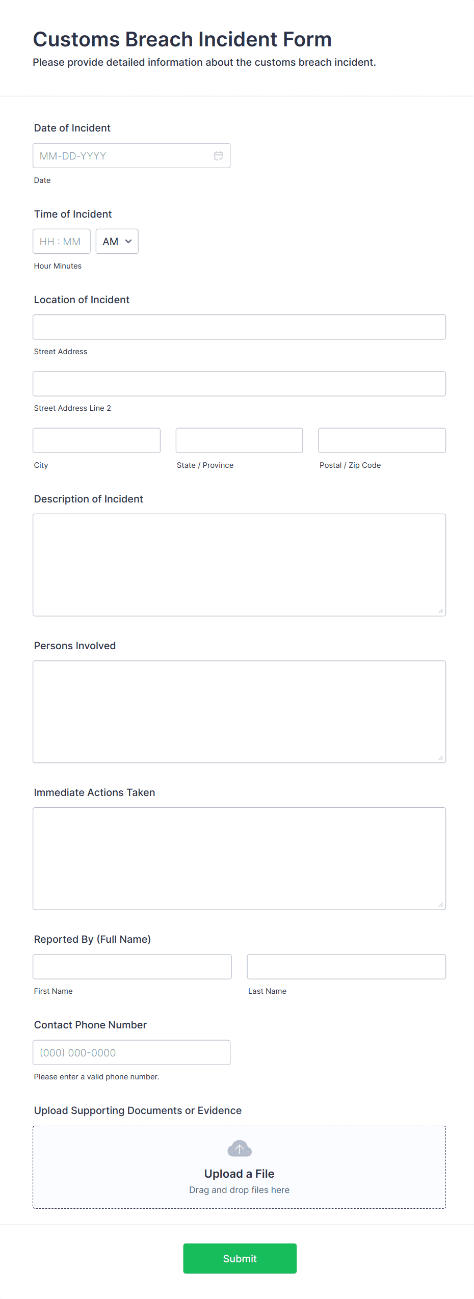 Customs Breach Incident Form Template | Jotform