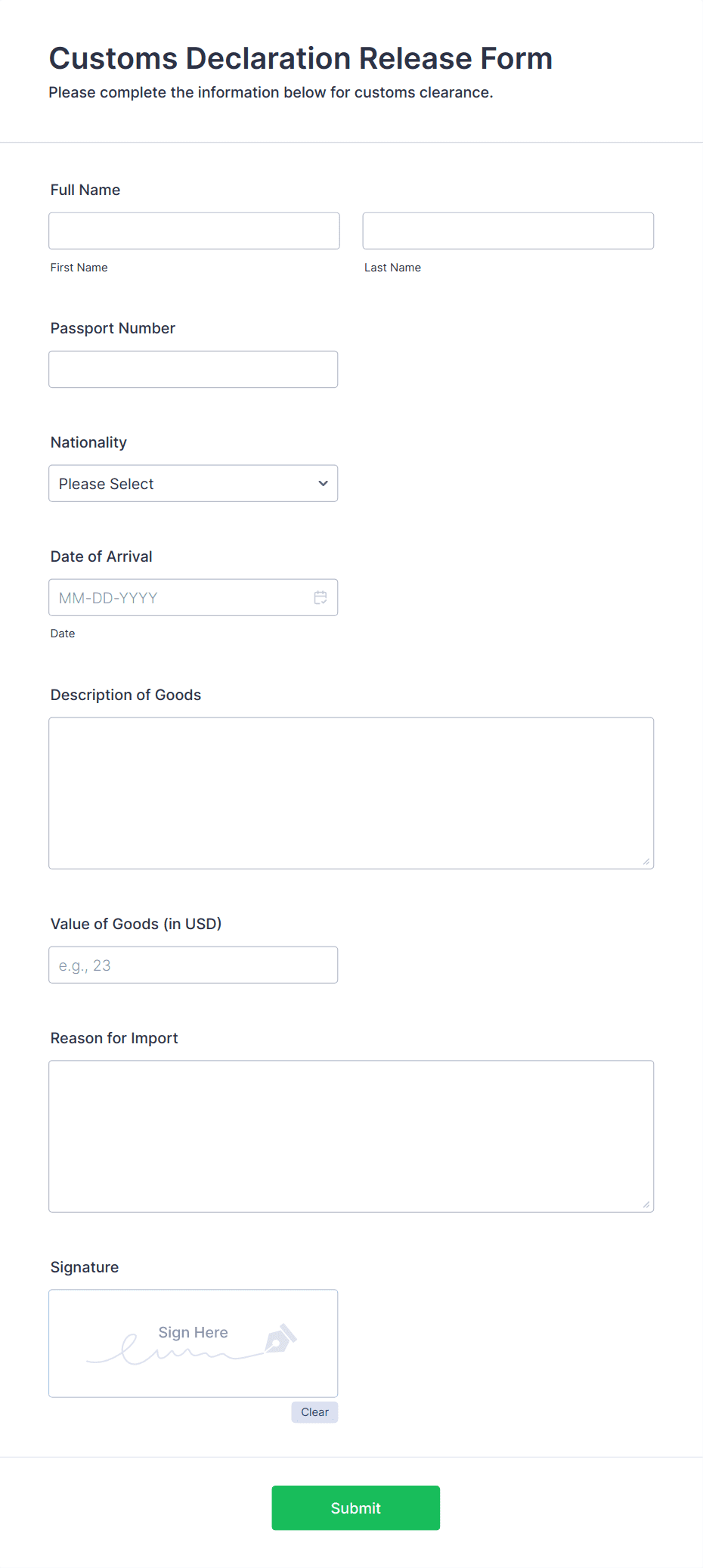Customs Declaration Release Form Template | Jotform