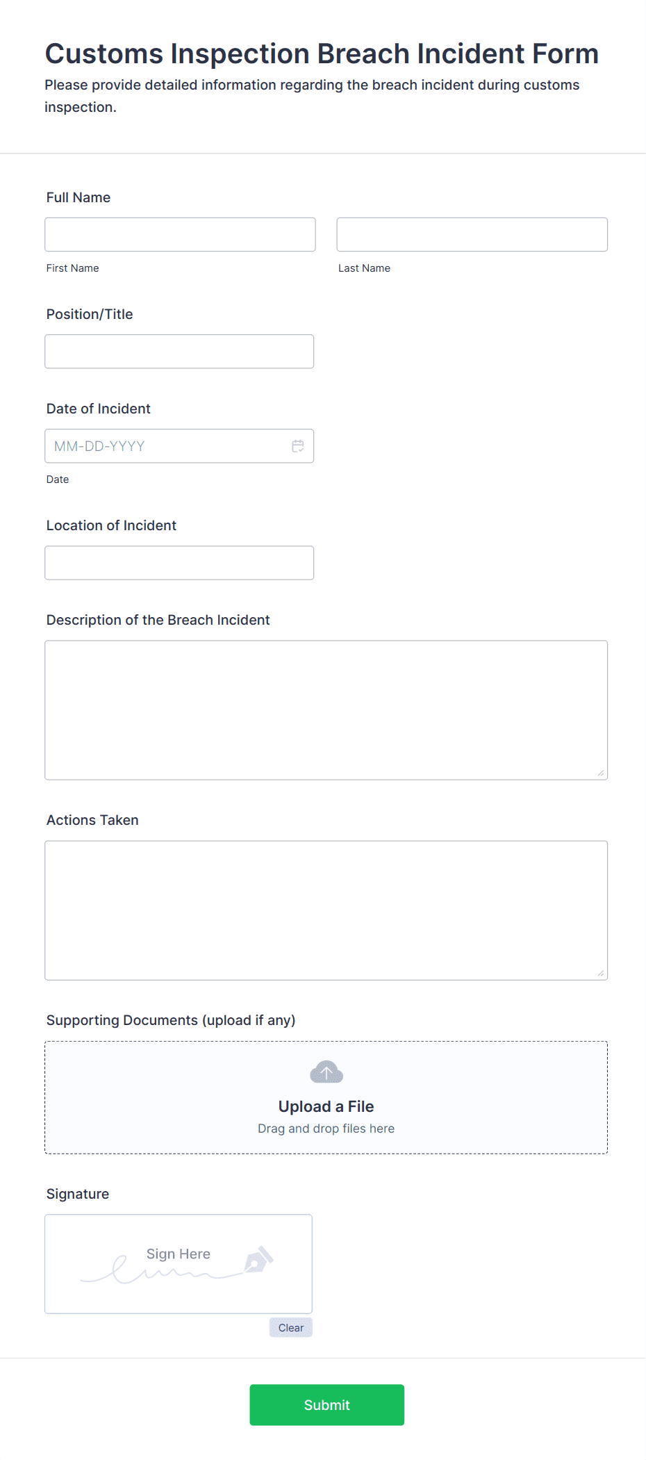 Customs Inspection Breach Incident Form | Jotform
