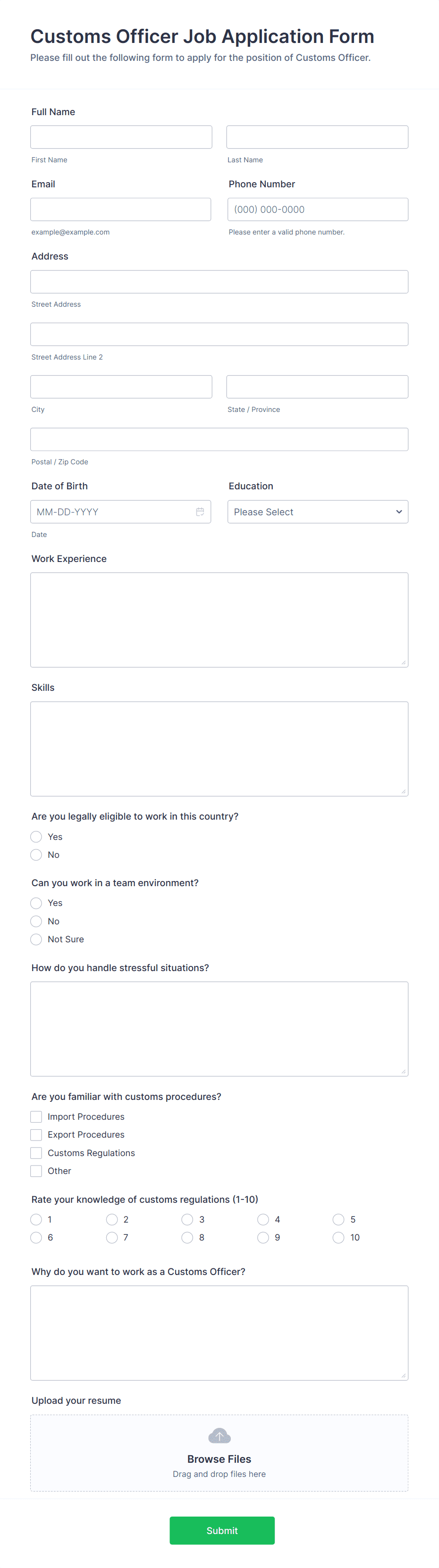 Customs Officer Job Application Form Template | Jotform