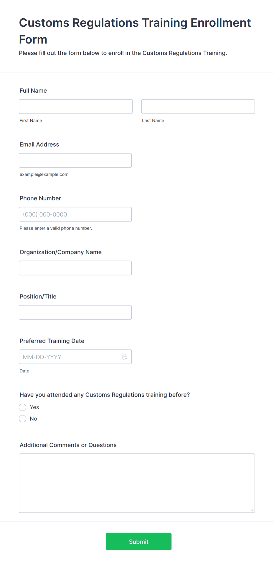 Customs Regulations Training Enrollment Form Template | Jotform