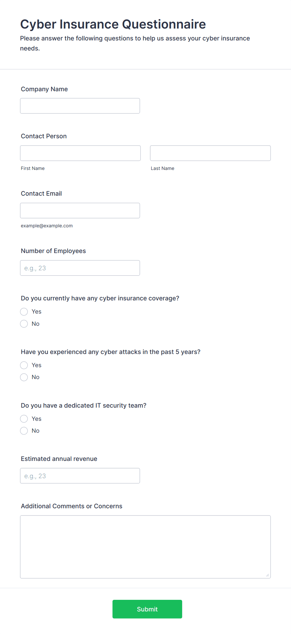 Cyber Insurance Questionnaire Form Template | Jotform