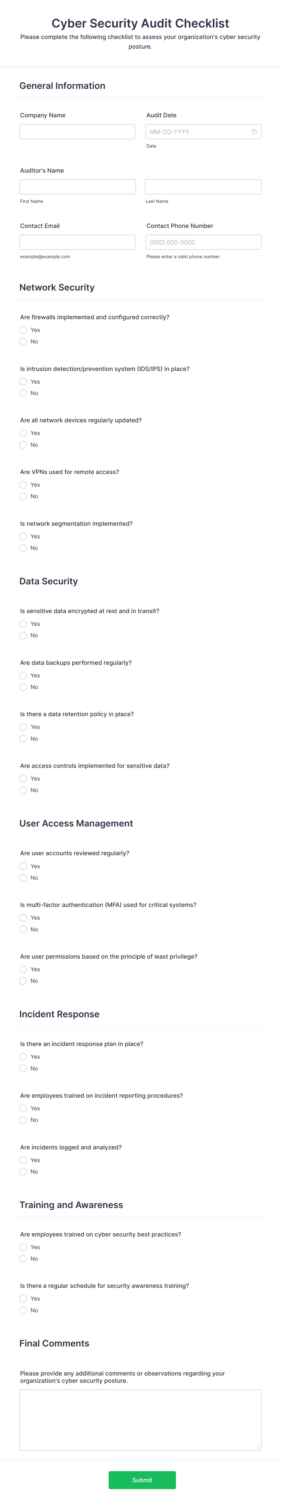 Cyber Security Audit Checklist Form Template | Jotform