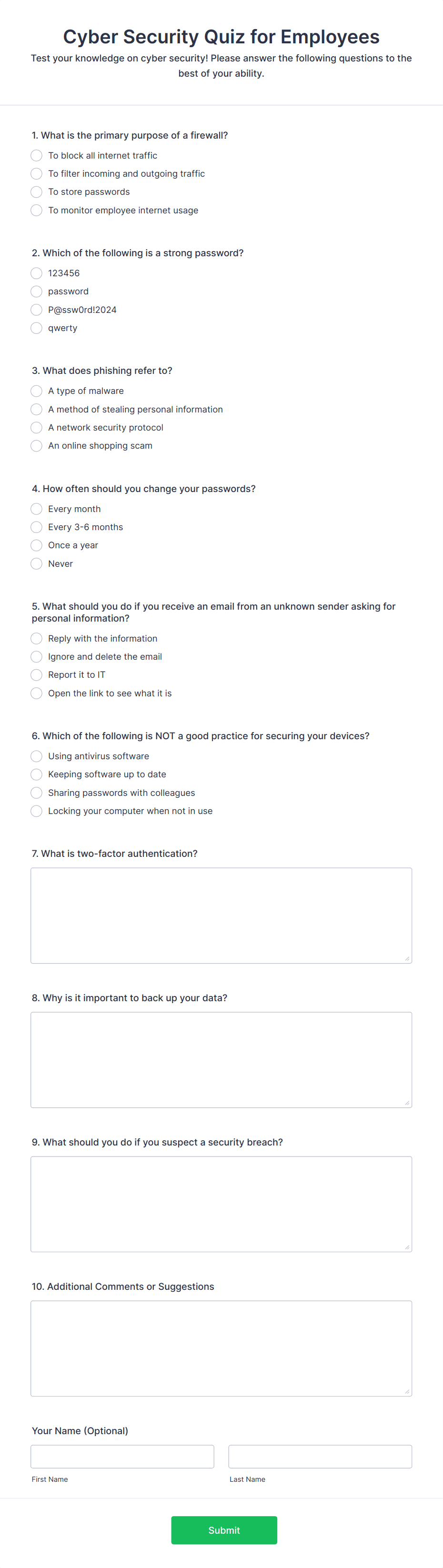 Cyber Security Quiz for Employees Form Template | Jotform