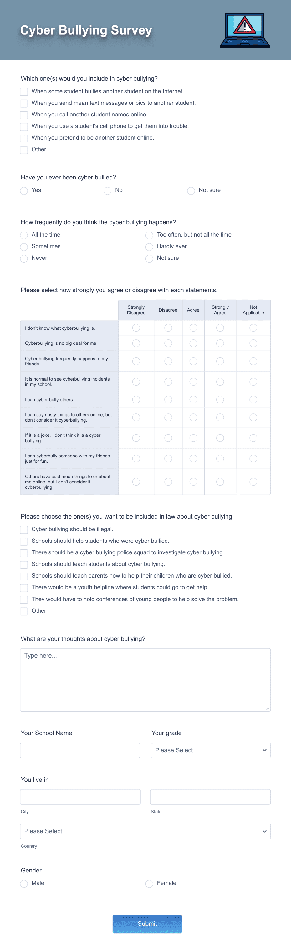 Cyberbullying and Online Aggression Survey Form Template | Jotform