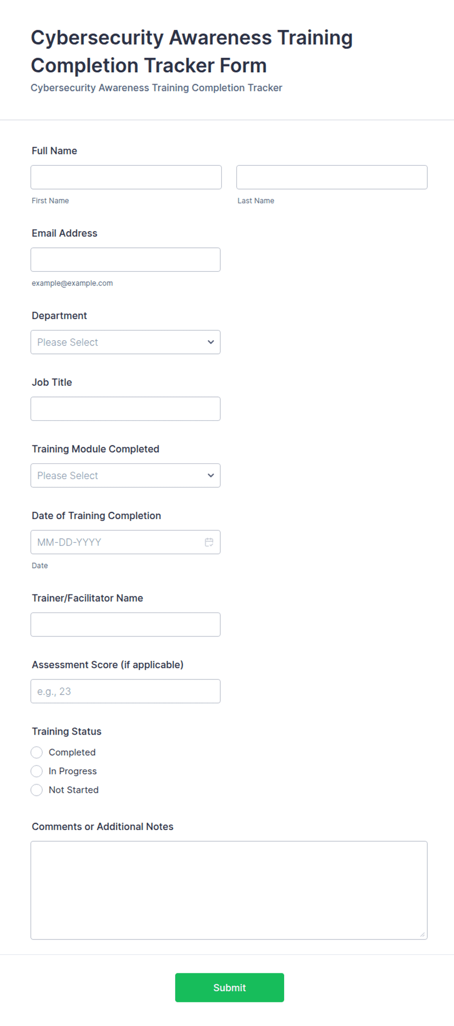 Cybersecurity Awareness Training Completion Tracker Form Template | Jotform