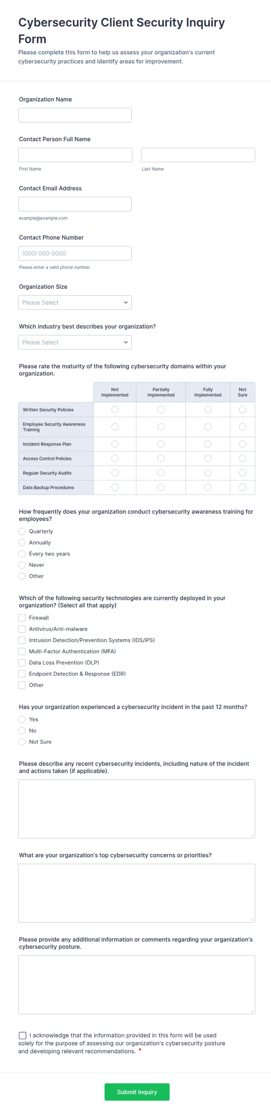 Cybersecurity Client Security Inquiry Form Template | Jotform