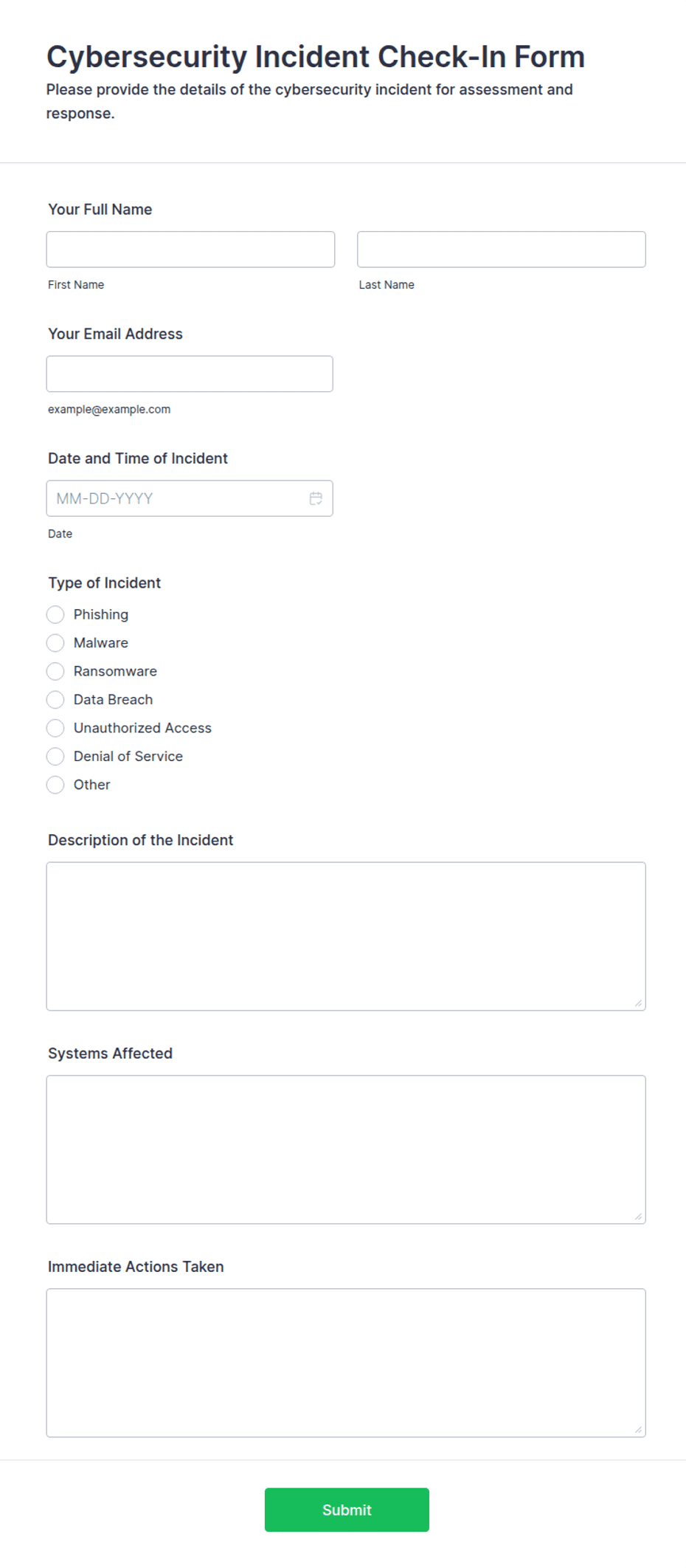 Cybersecurity Incident Check-In Form Template | Jotform