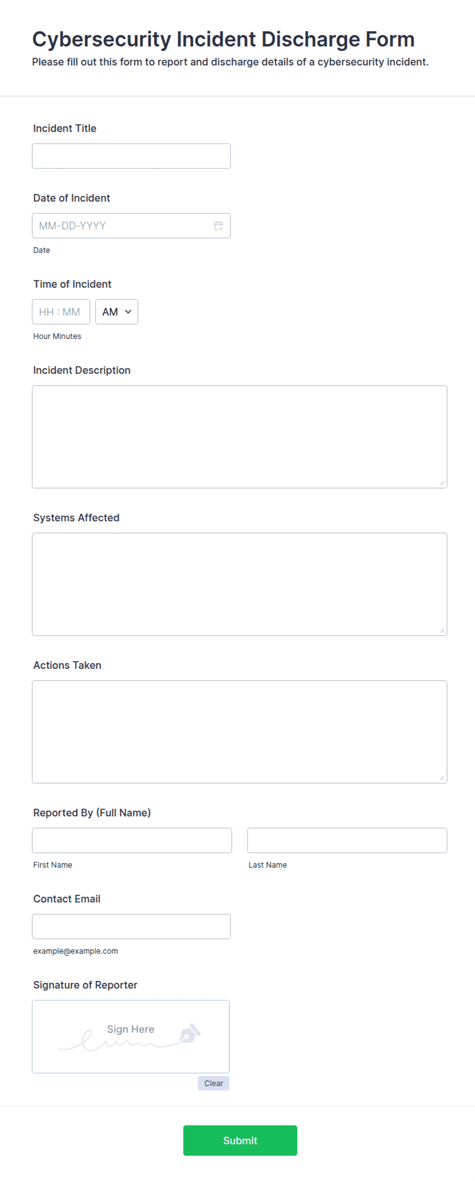 Cybersecurity Incident Discharge Form Template | Jotform